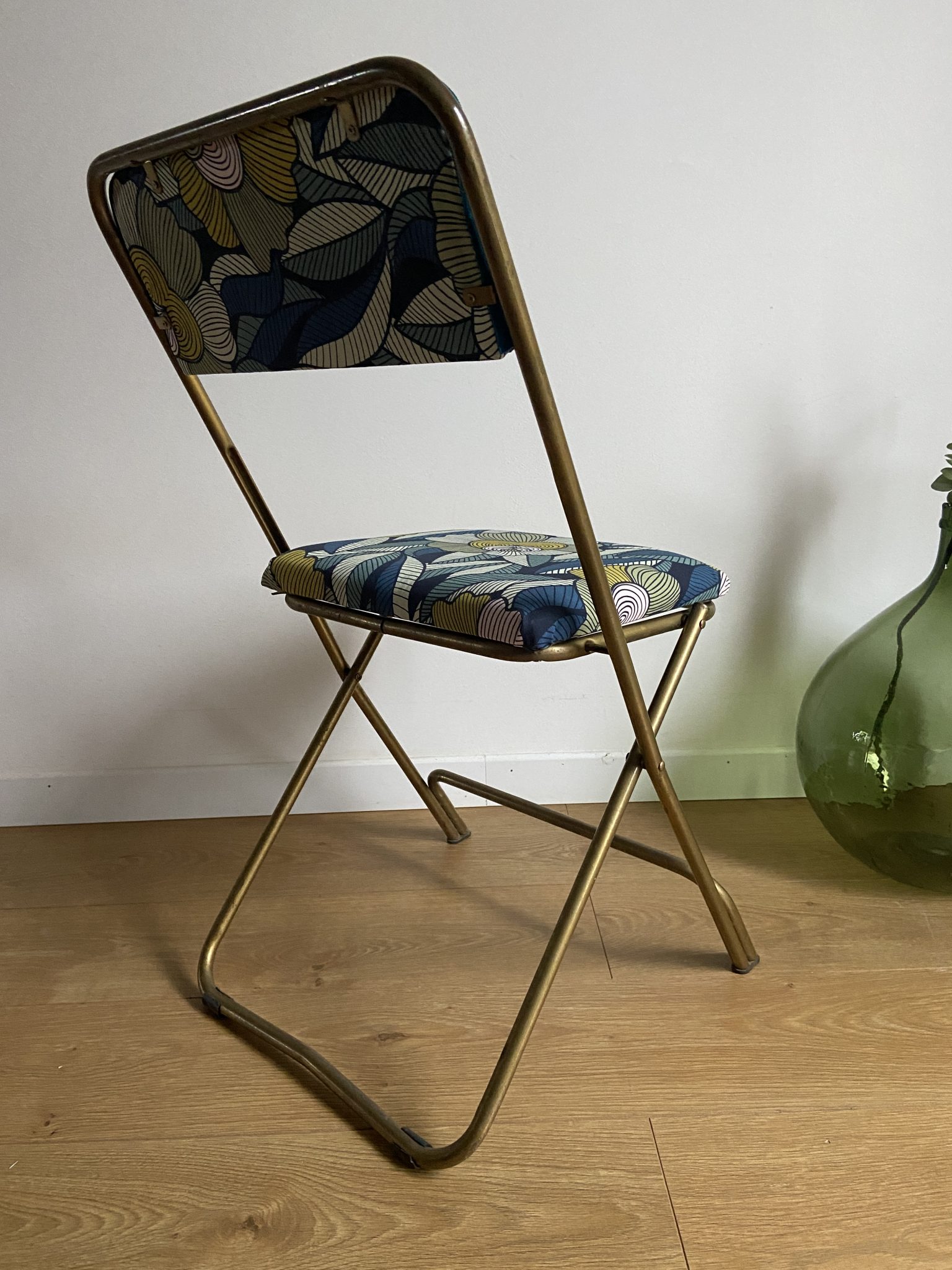 CHAISE PLIANTE VINTAGE LAFUMA Revisitée Tissus Fleuri Bleu