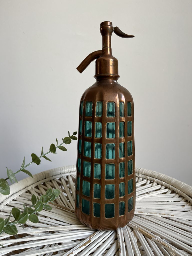 VENDU - SIPHON DE BAR EN VERRE BLEU TURQUOISE ET CAGE Patine Cuivrée ...
