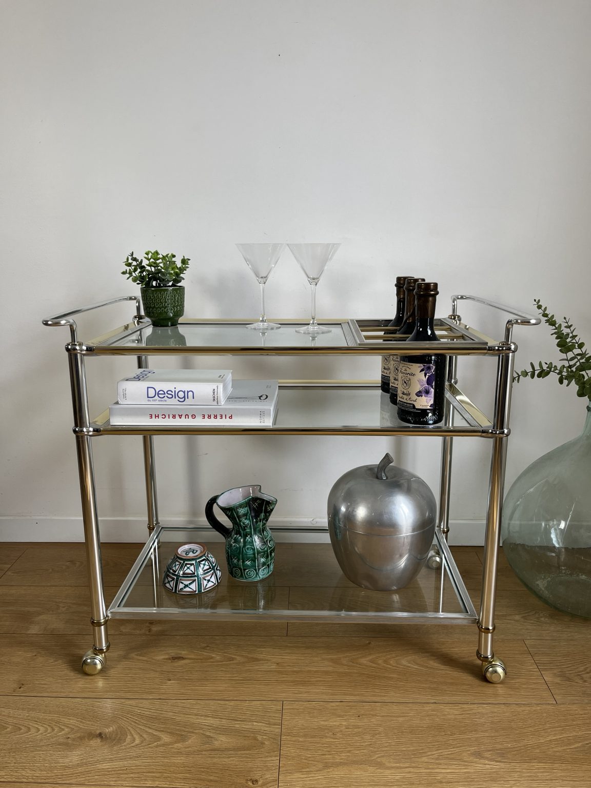 DESSERTE Bar ROULANT VINTAGE EN MÉTAL DORÉ ET VERRE